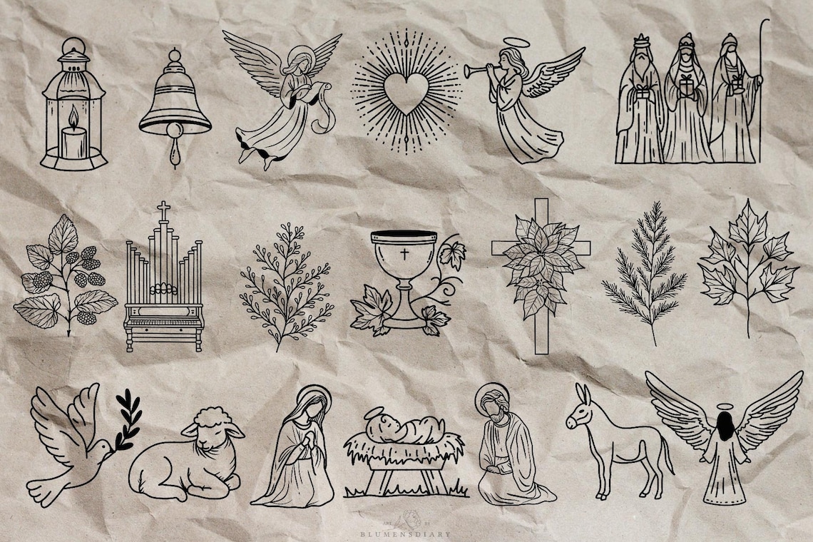 Nativity Scene Clipart: Holy Night Line Art Doodles (PNG, SVG, EPS) - Etsy