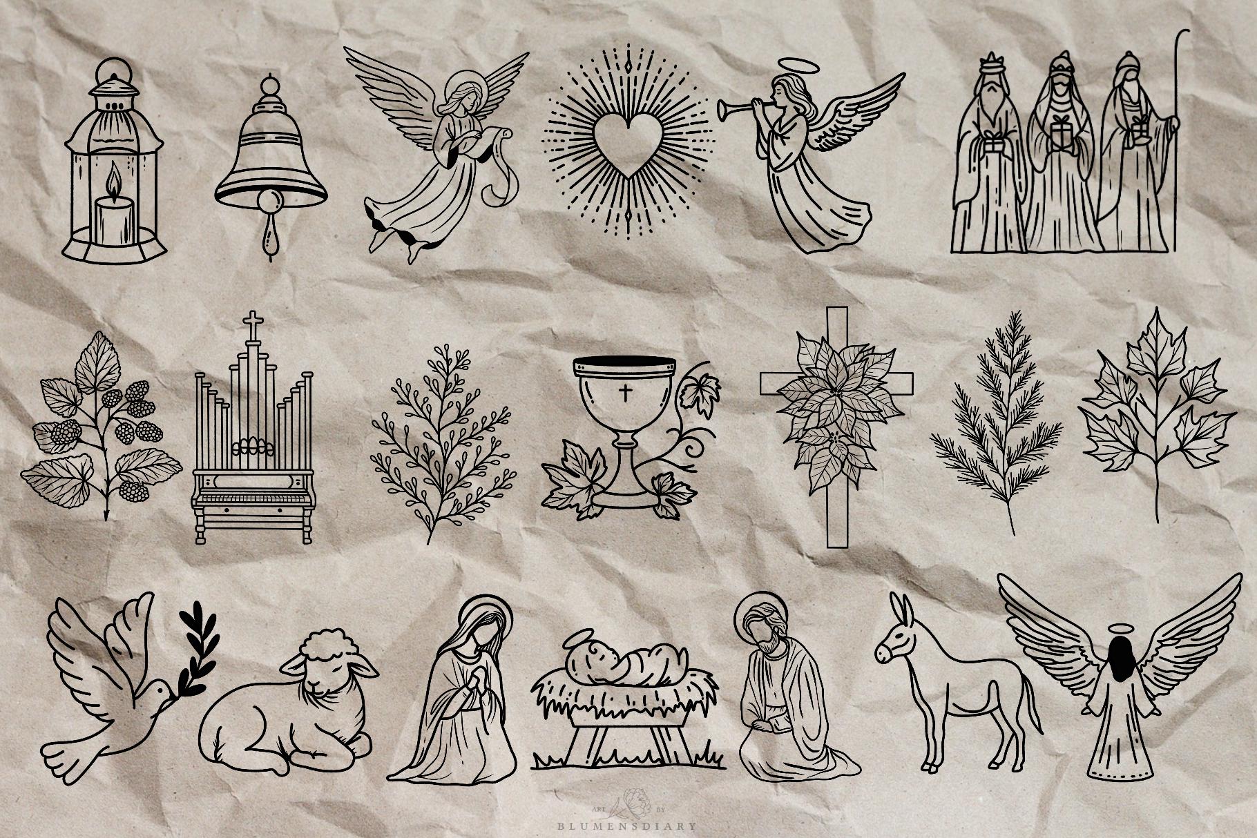 Holy Night Nativity Scene Line Art Clipart - Christmas Nativity Doodles ...