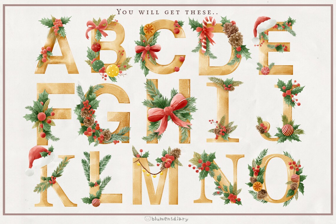 Watercolor Golden Christmas Alphabets Letters Clipart - Etsy