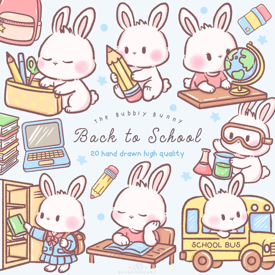 Kawaii Pastel Bunny Clipart: School Supplies PNG Set (digital Download ...