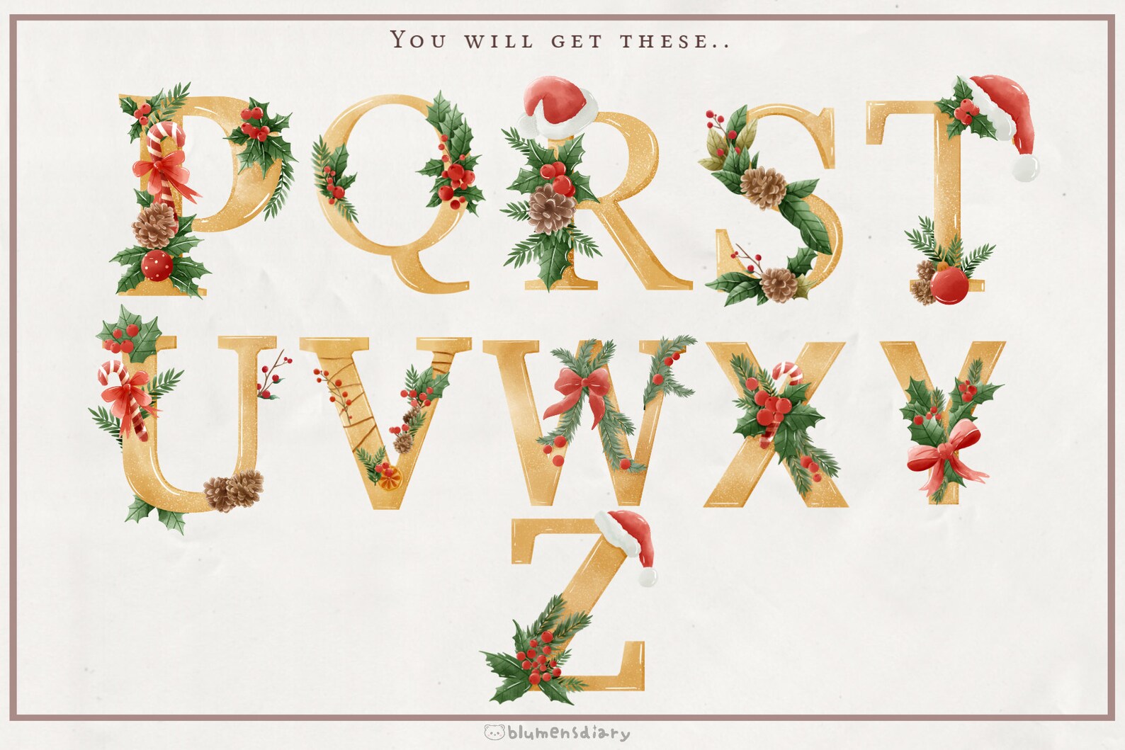 Watercolor Golden Christmas Alphabets Letters Clipart - Etsy