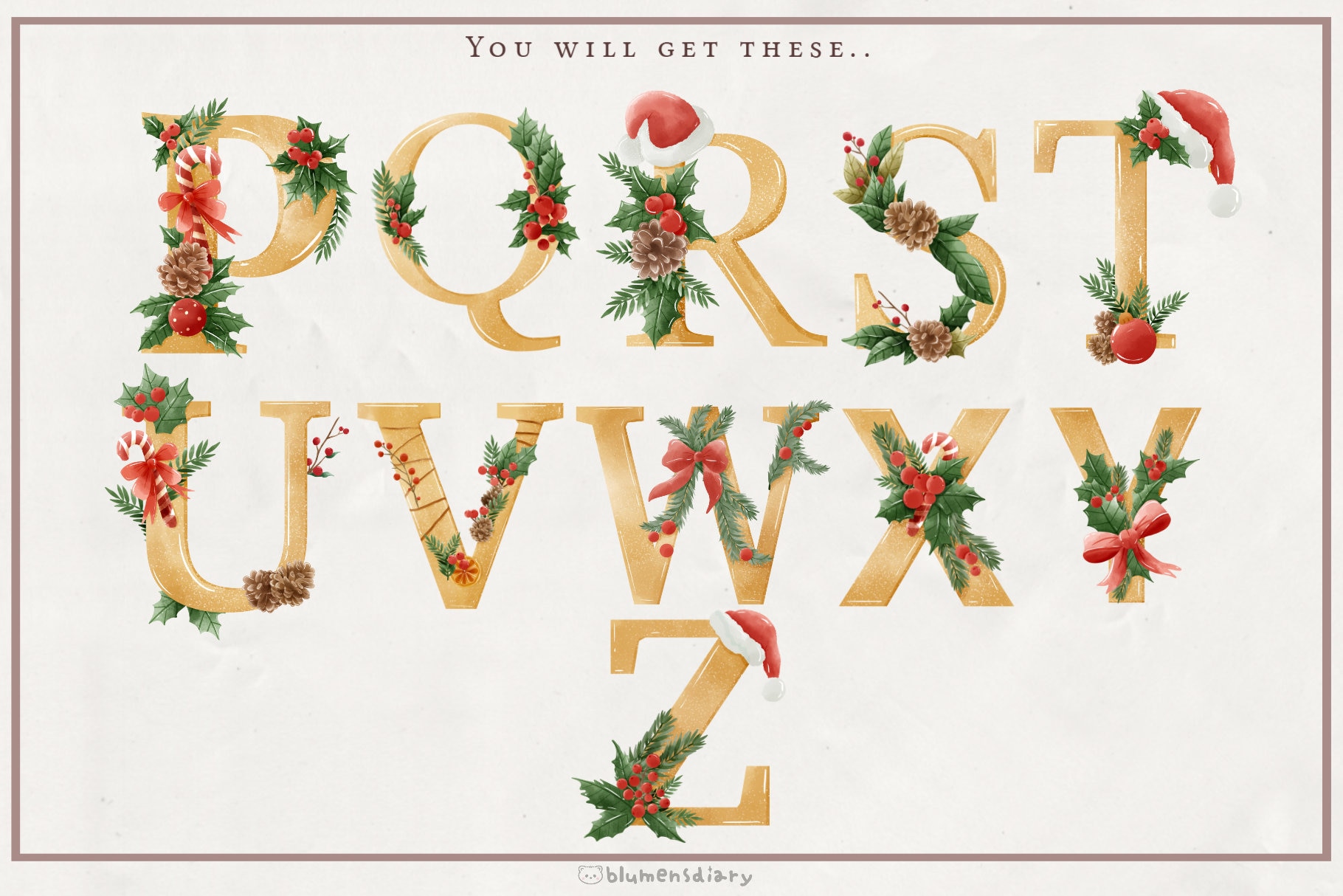 Watercolor Golden Christmas Alphabets Letters Clipart - Etsy