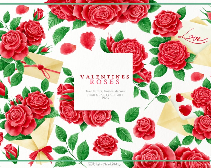 Vintage Roses Valentine's Day Clipart, Watercolor Deep Red Roses Art ...