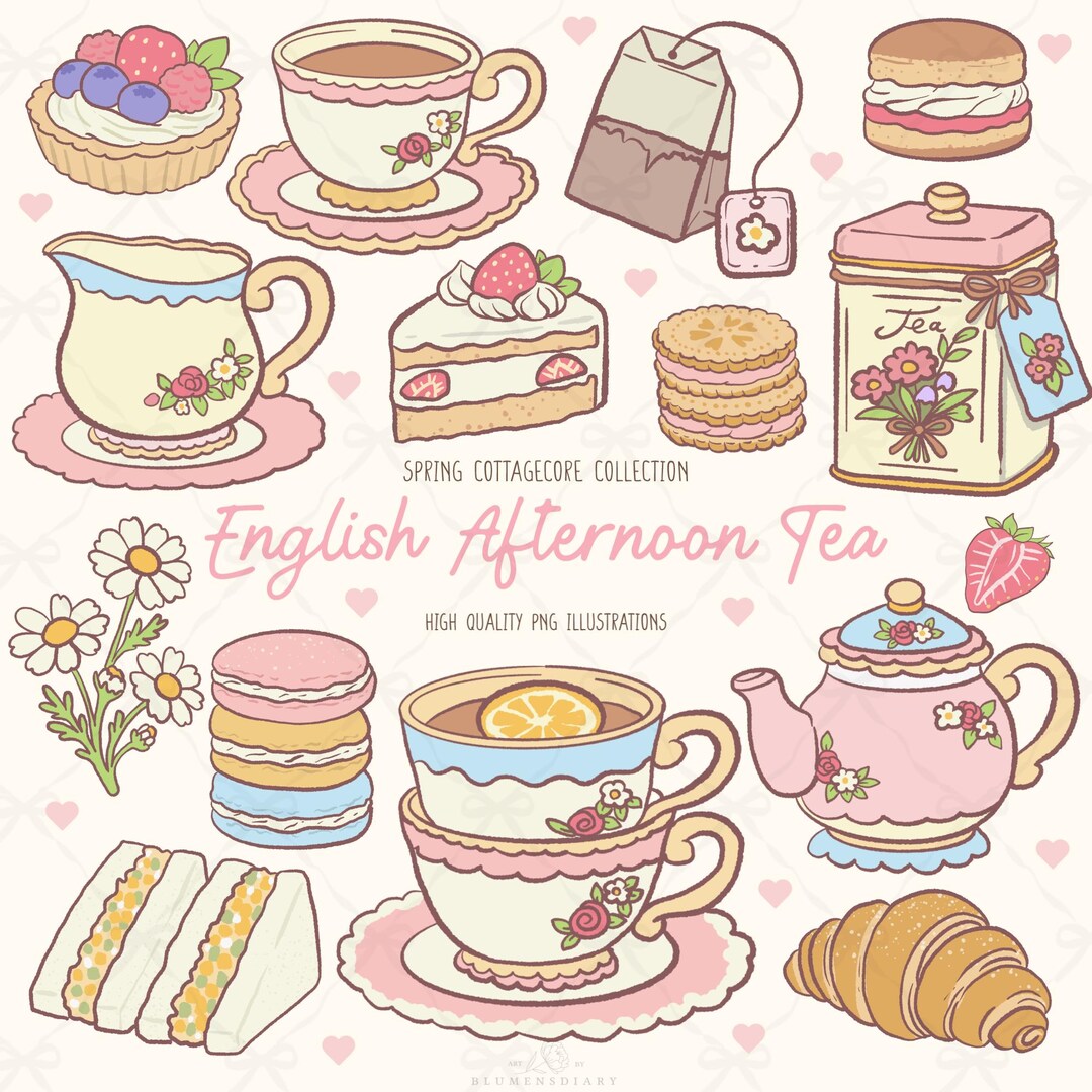 English Afternoon Tea Clipart: Cottagecore PNG Illustrations, Vintage ...