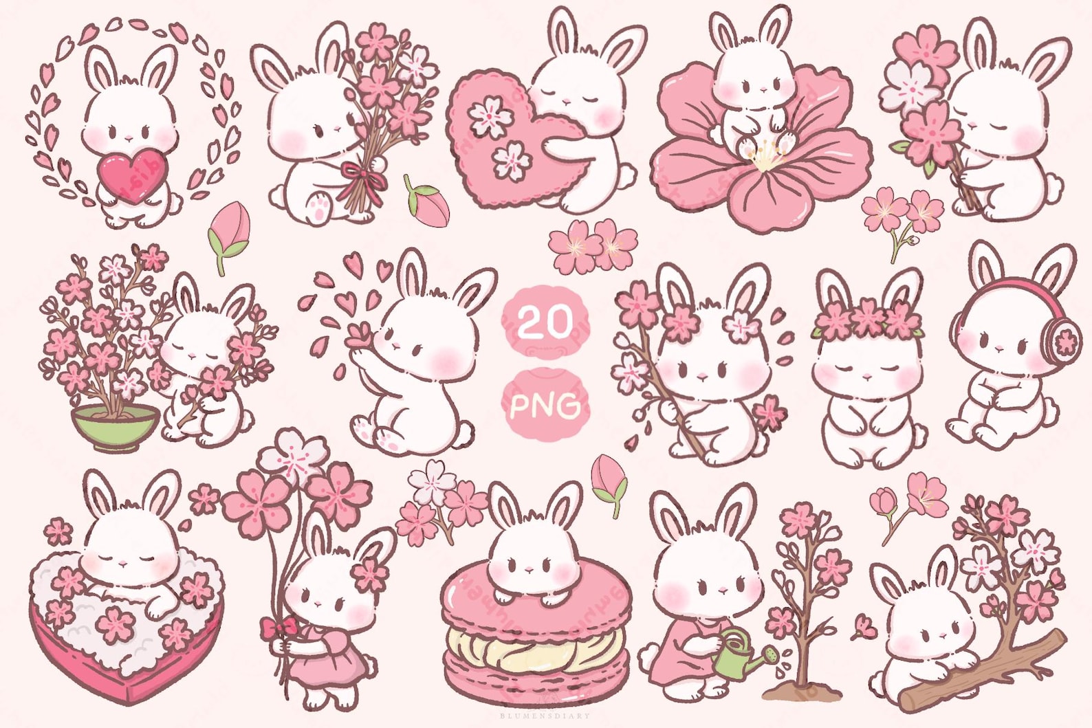 Sakura Sweetheart Bunny Clipart Kawaii Spring Cherry Blossom PNG Cute ...