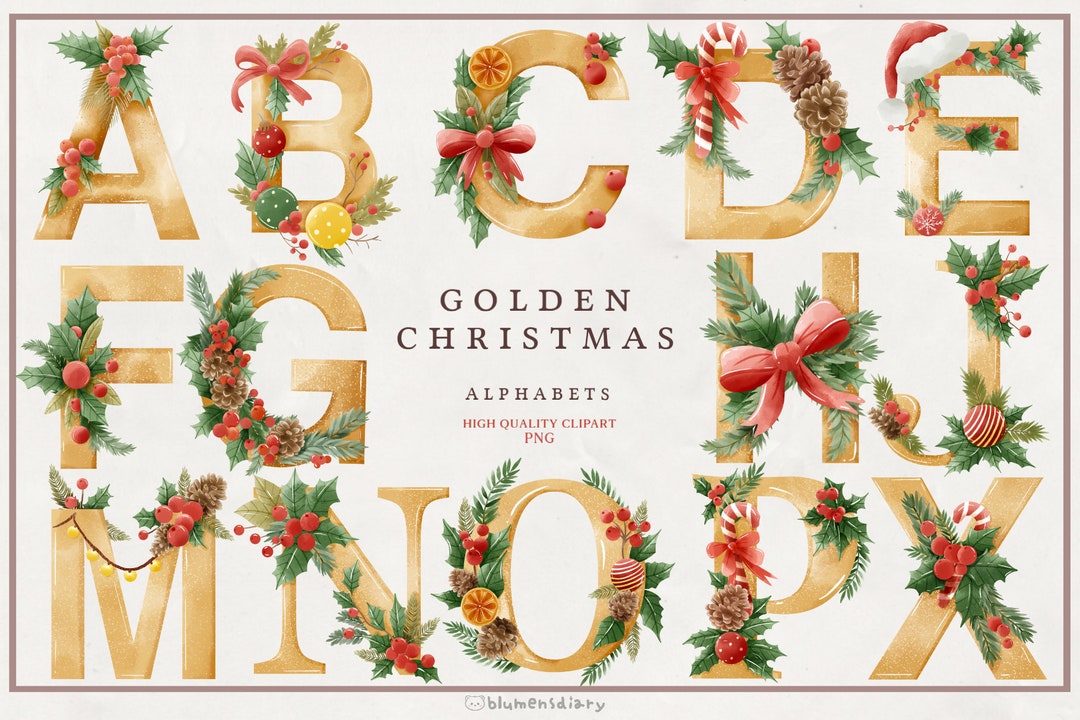 Watercolor Golden Christmas Alphabets Letters Clipart | High-quality ...