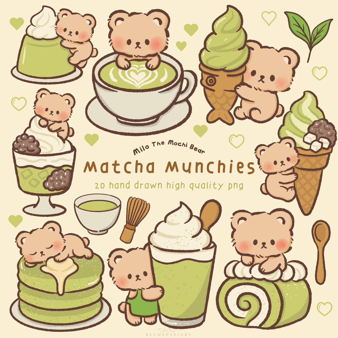 Milo Mochi Bear Matcha Sweets Clipart: 20 PNG Kawaii Matcha Dessert ...