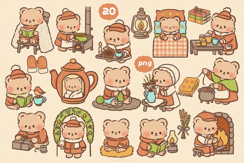 Milo the Mochi Bear Cottage Winter Clipart –kawaii+ Cottagecore Winter ...