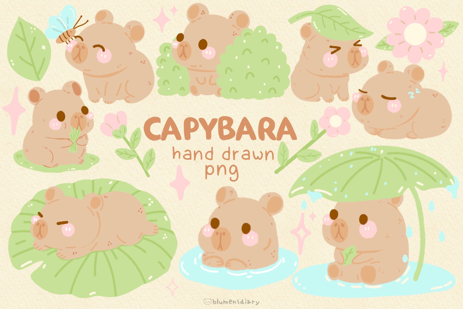 Adorable Kawaii Capybara Clipart-high Quality Png-cute Capybaras Animal Illustrations-printable ...