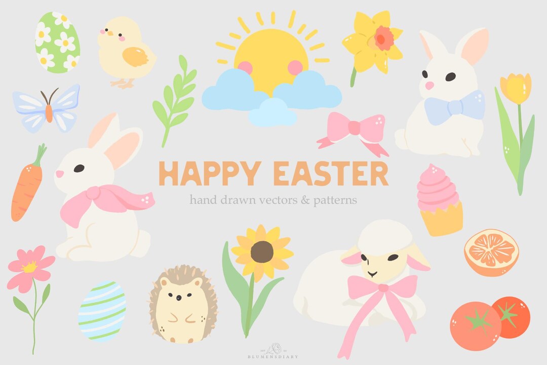 Hand-drawn Easter Clipart: Bunny, Eggs, Flowers (PNG, SVG) - Etsy