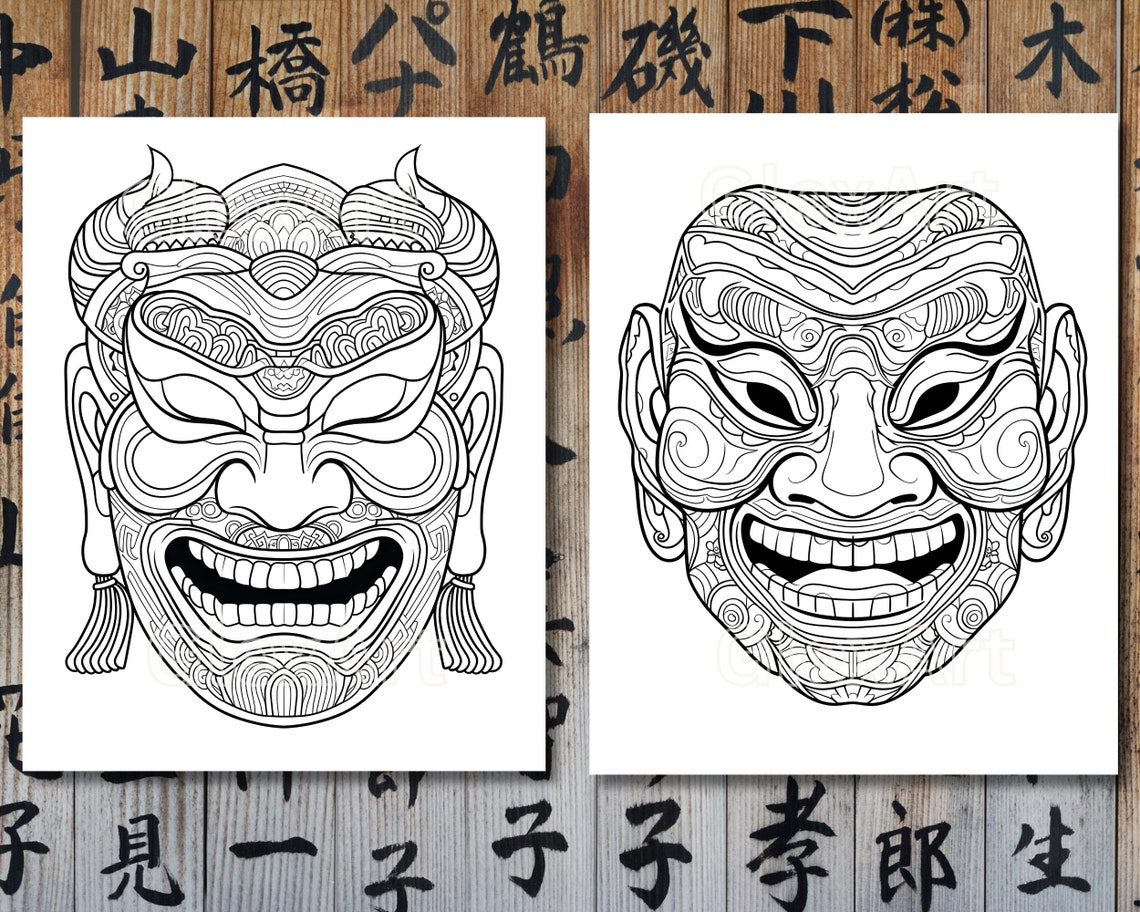Japanese Drama Masks: Kabuki & Noh Inspired Coloring Book, Traditional ...