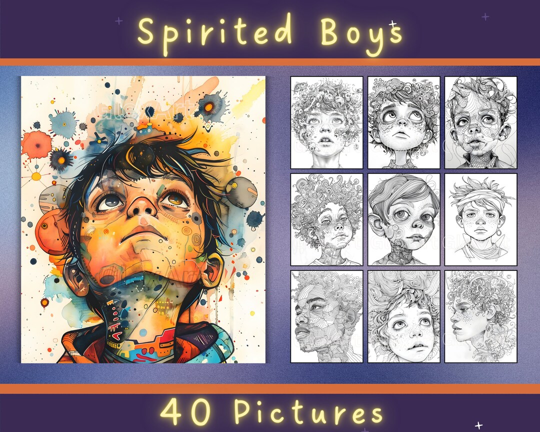 Spirited Boys: Dynamic Line Art Portraits Coloring Book, Whimsical ...