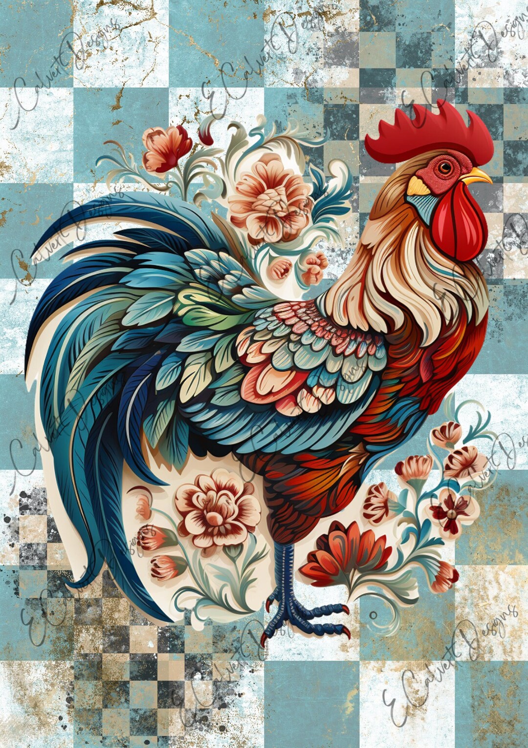 Colorful Rooster Checks, Floral Digital Download A4 Rice Paper ...