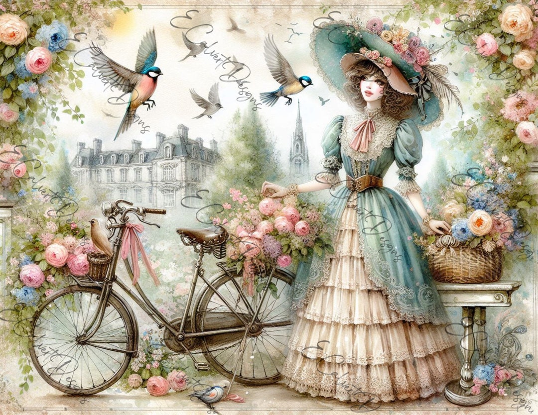 Shabby Chic Lady Bicycle Birds Flowers Vintage Digital Download A4 Rice ...