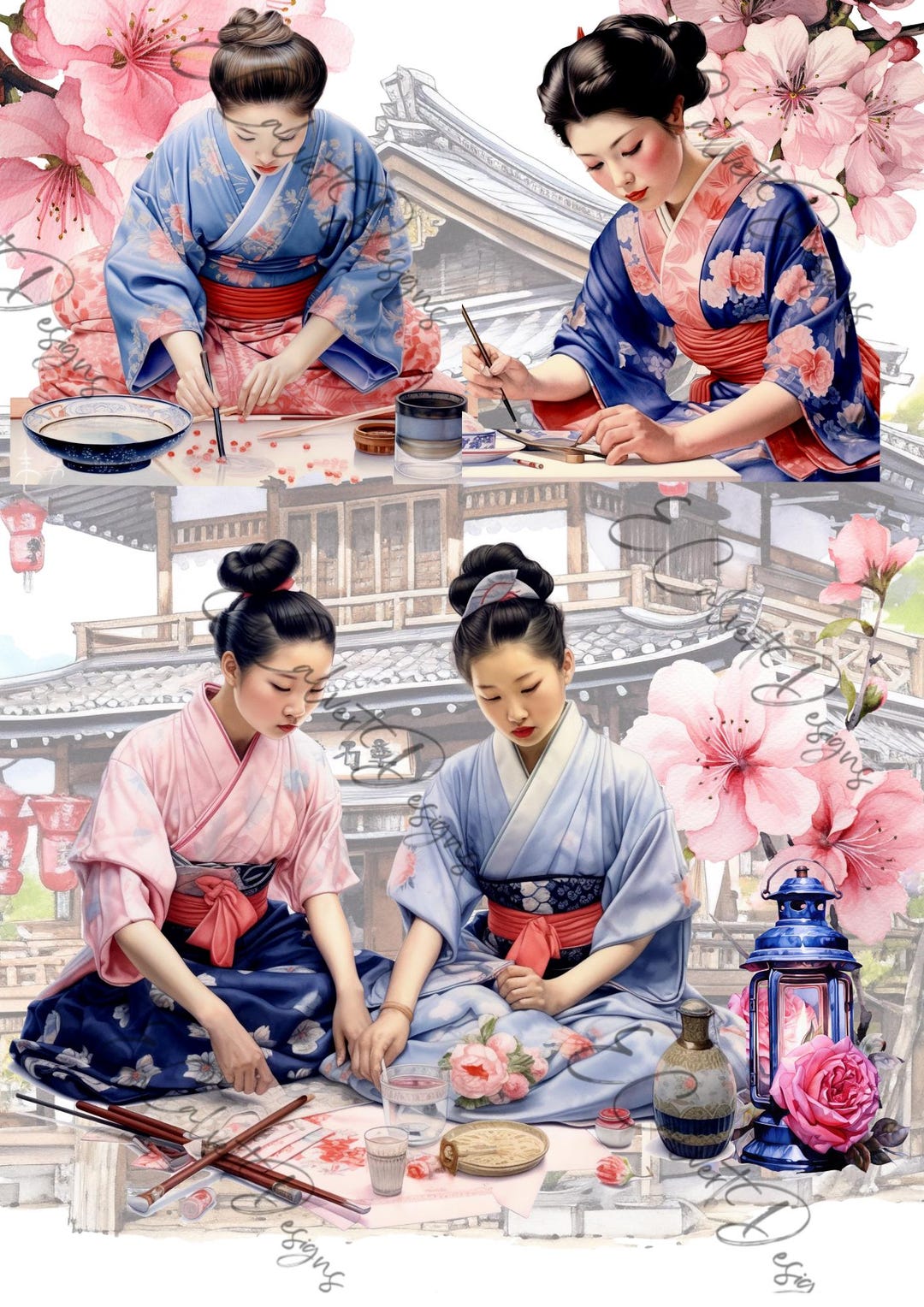 Geisha Ladies, Watercolor, Whimsical Asian Background, Japanese ...
