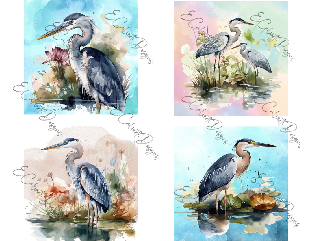 8 Heron Coaster Digitals for Rice Paper Decoupage 4in X 4in Watercolor ...