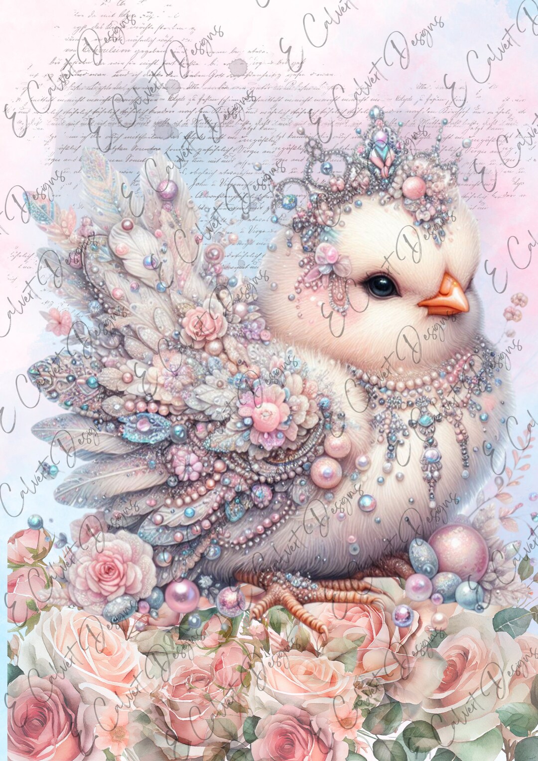 Print Only** Easter Chicks With Bling Crown Pink Roses Pearls Baby ...