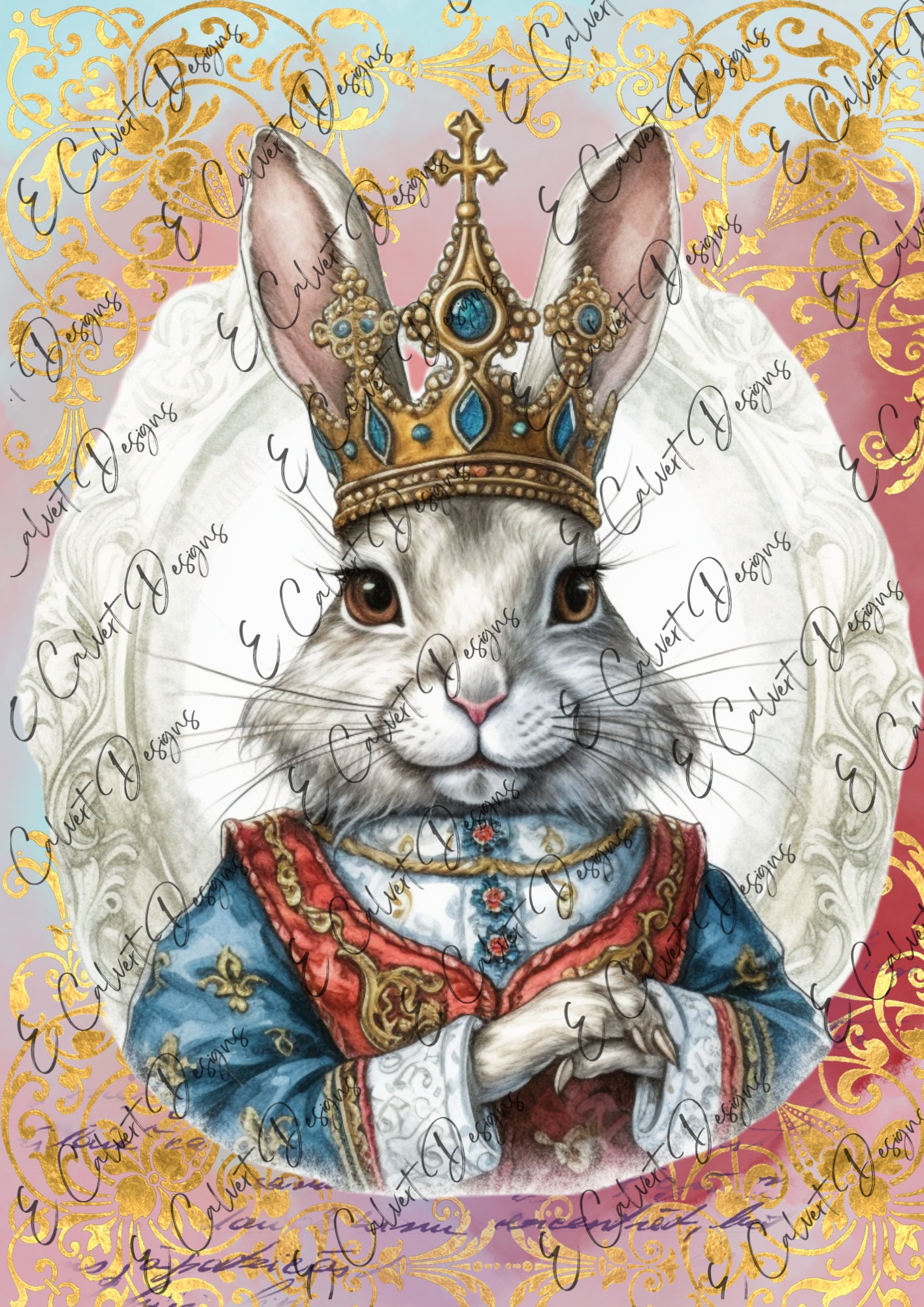 Easter Fairytale Rabbits King Crown Royal Fantasy Florals Checks ...
