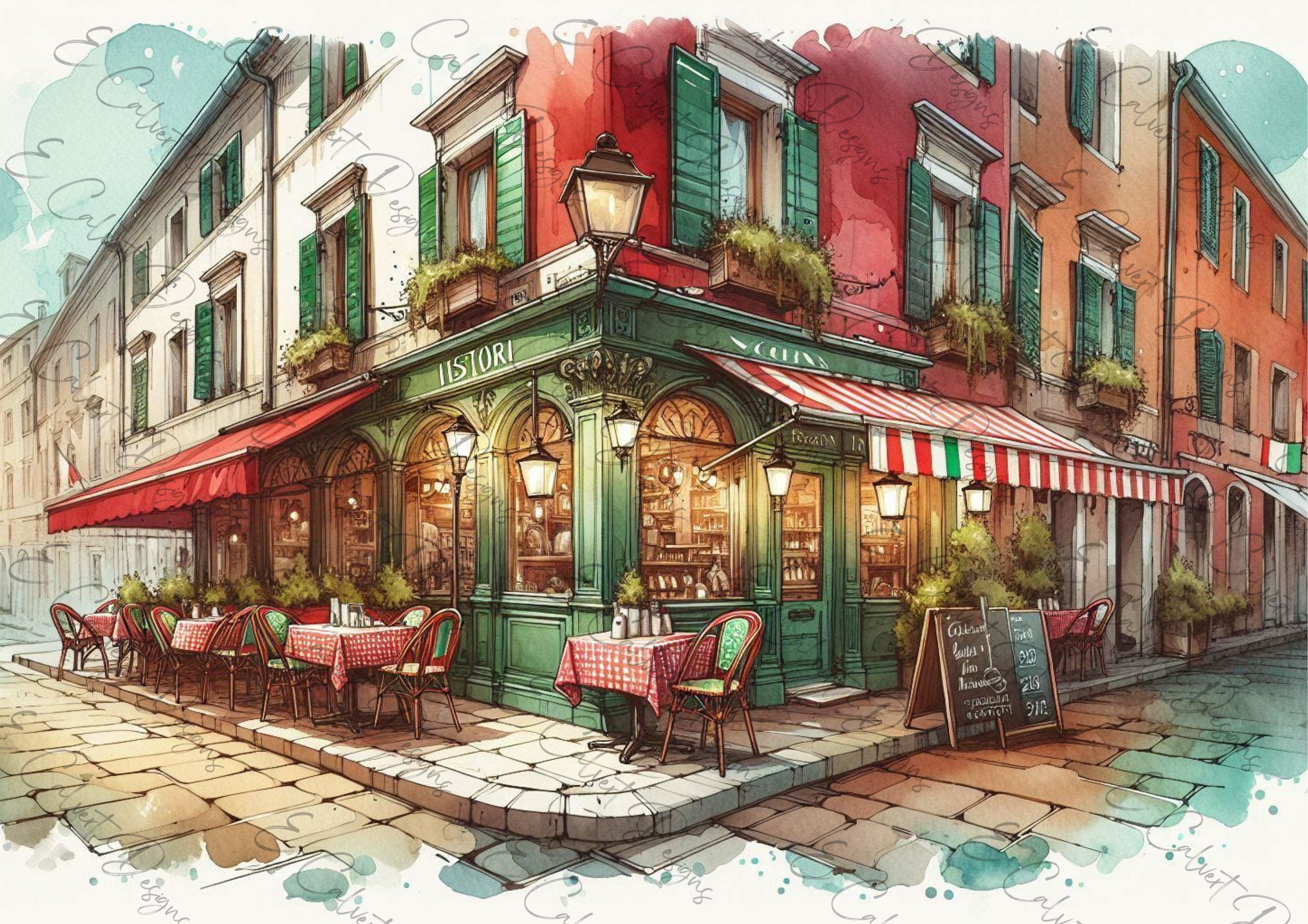 Italian Bistro Red, Green, White, Italy Digital Download A4 Rice Paper ...