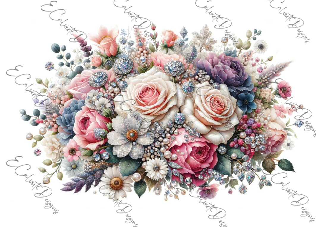 Floral Bouquet of Spring, Florals Roses, Rhinestones, and Pearls ...