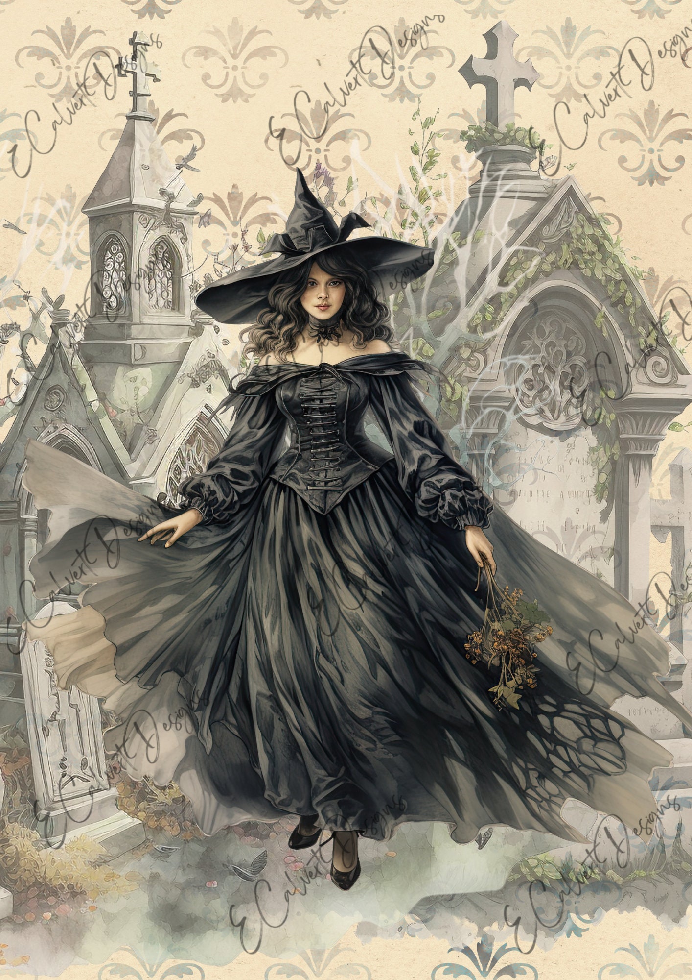 Halloween Victorian Witch in Black Cemetery Digital Download for Rice ...