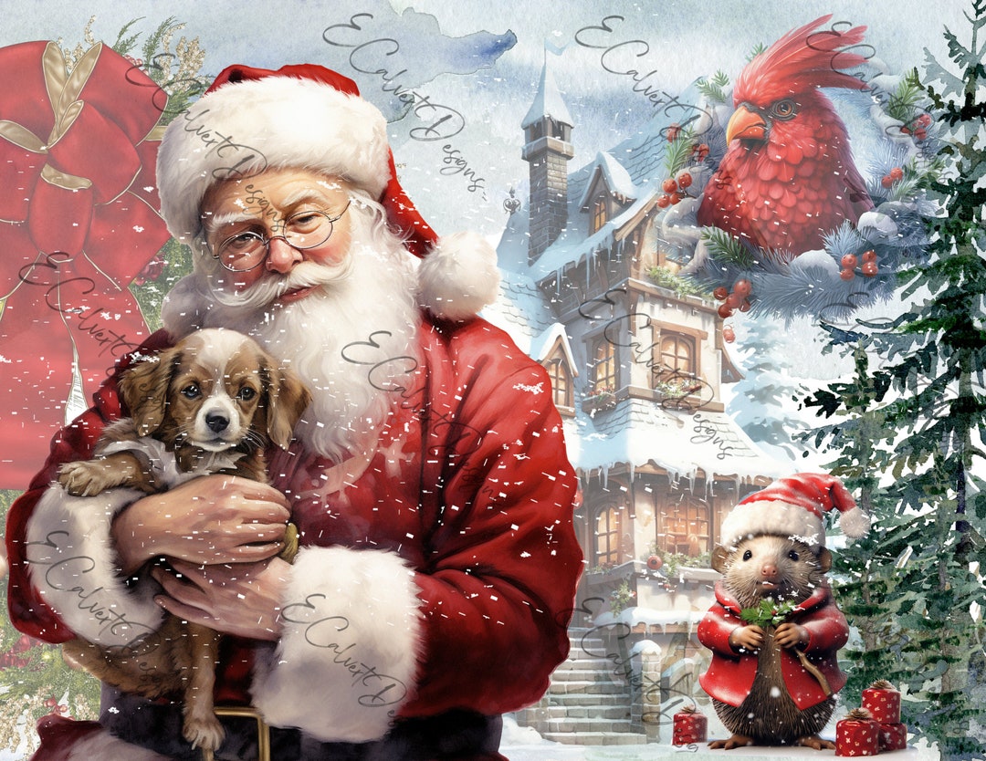 Santa With Dog Digitals for Rice Paper Decoupage Watercolor Mouse Red ...