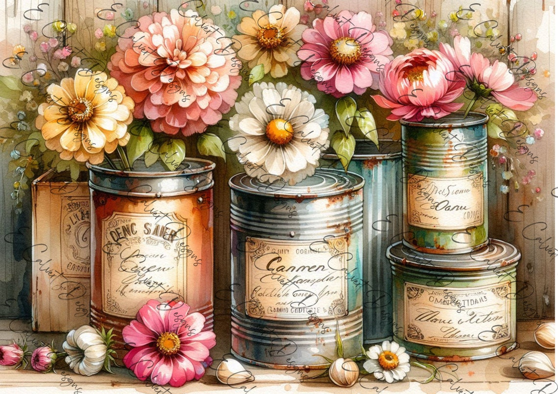 Tin Can Flowers Country Shabby Chic Designs Digital Download A4 Rice ...