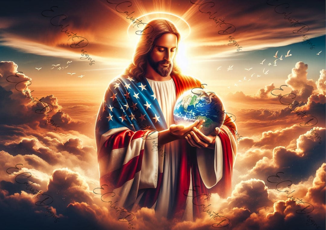 Jesus Praying Over the World With US Flag Draped Over His Shoulder ...