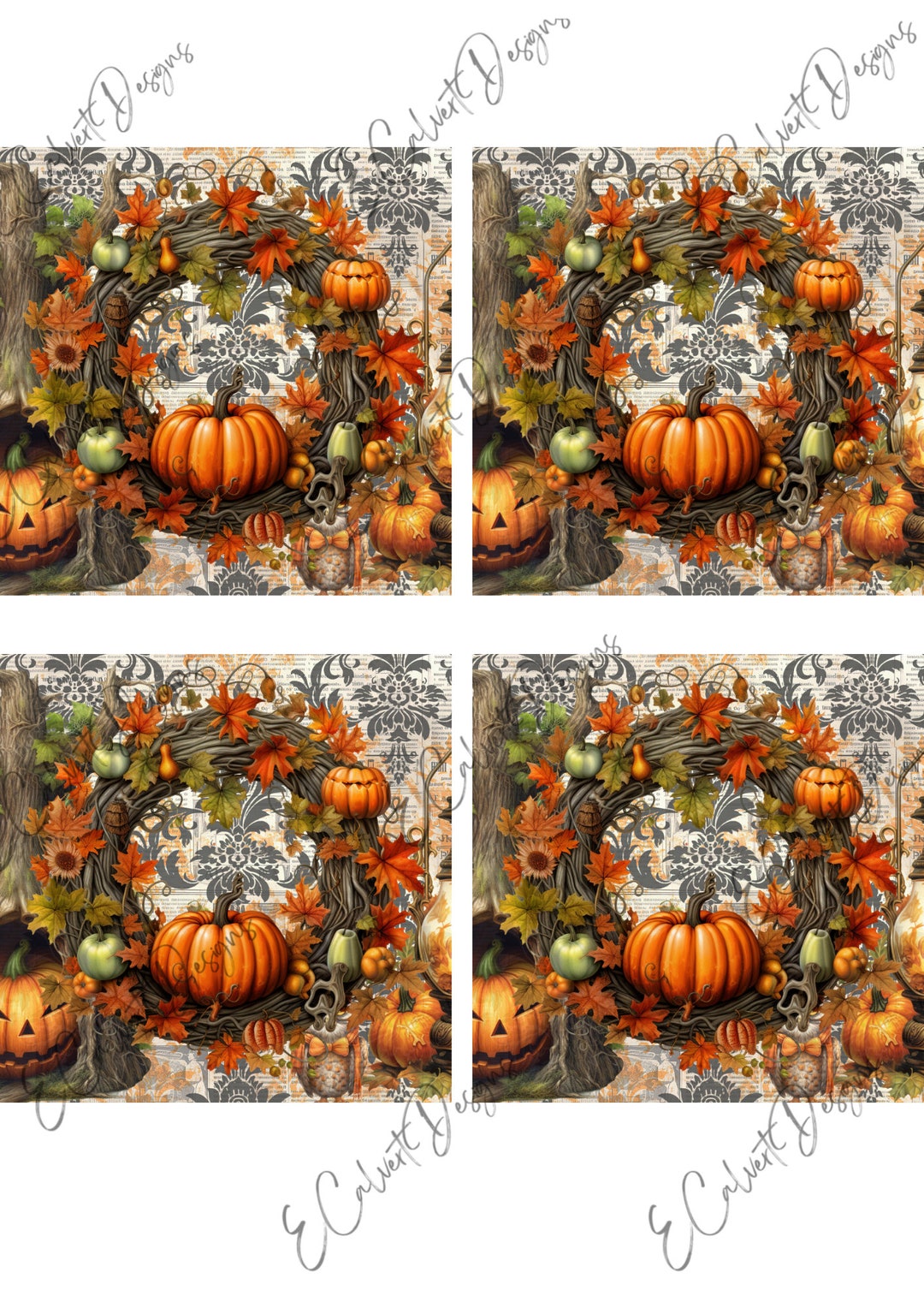 4 4 X 4 Coaster Digitals for Rice Paper Fall Floral Wreath Pumpkin ...