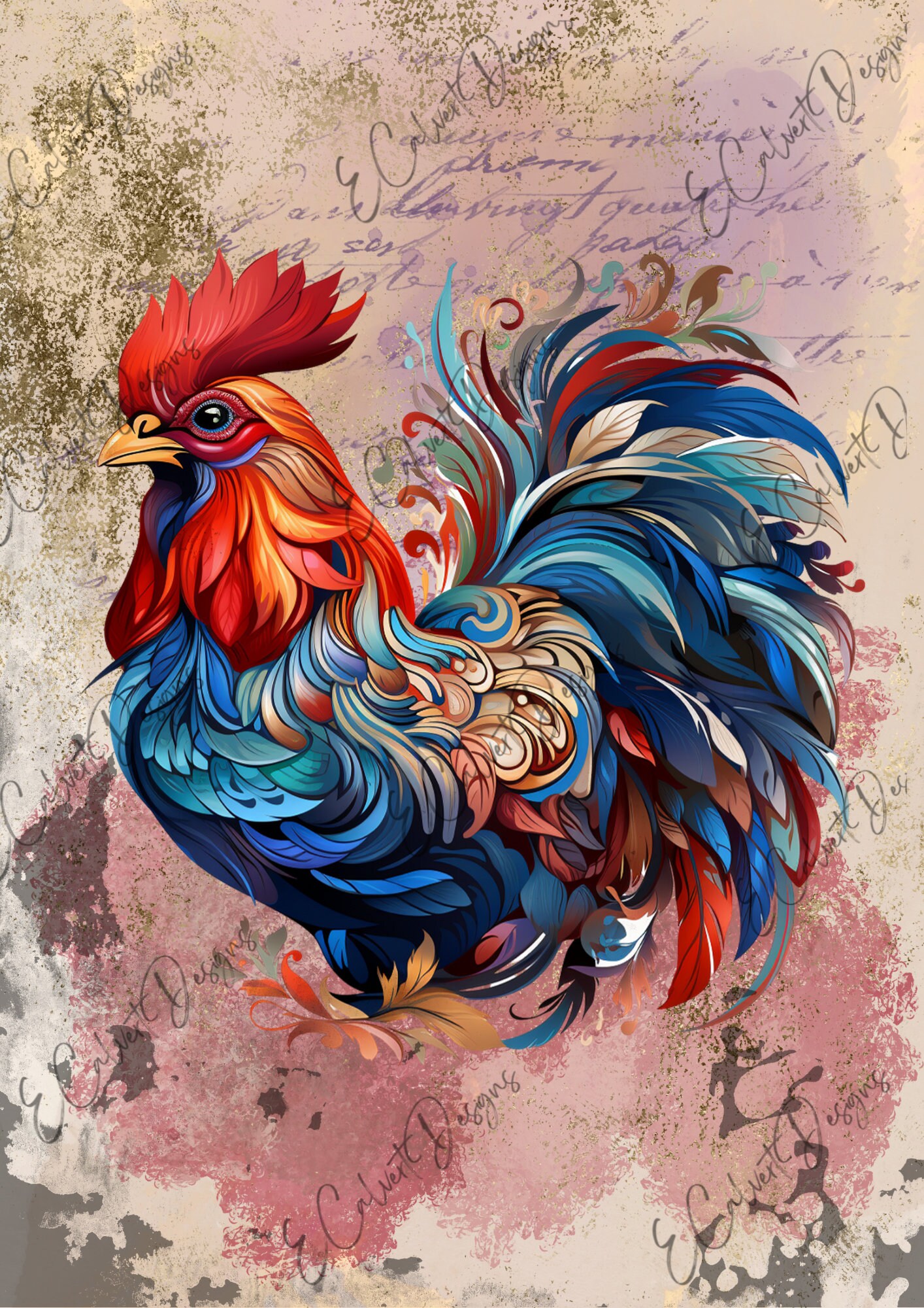 Colorful Rooster Digital Download A4 Rice Paper Decoupage Junk Journal ...