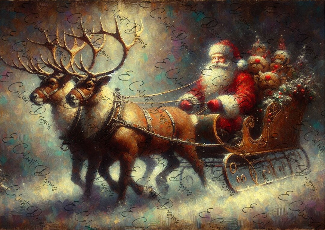 Santa Riding His Sleigh With Reindeers, Christmas Digital Download A4 ...
