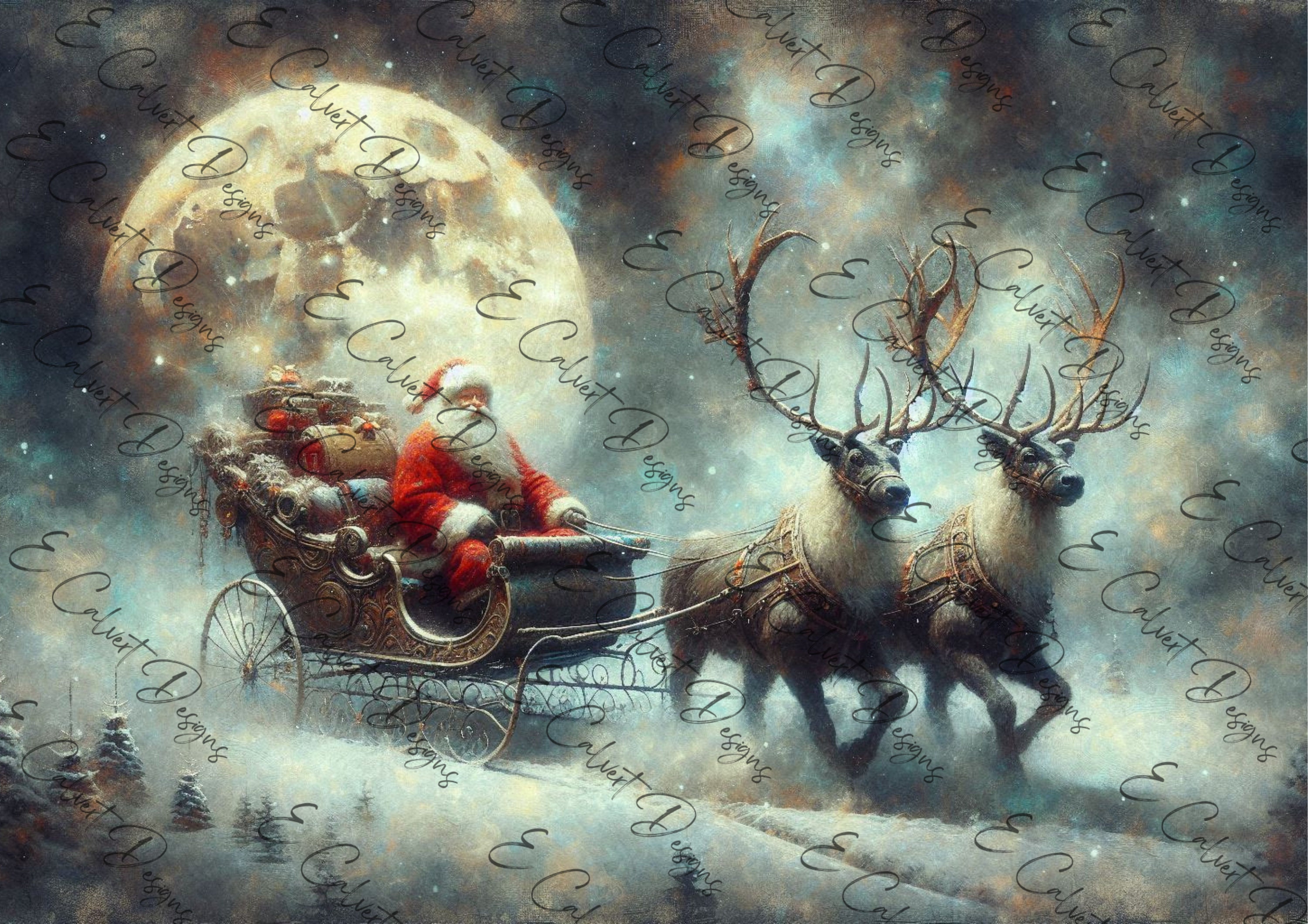 Santa Riding His Sleigh With Reindeers, Christmas Digital Download A4 ...