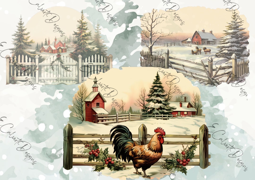 Christmas Farm Barn Snow Chickens, Digital Download for Rice Paper ...
