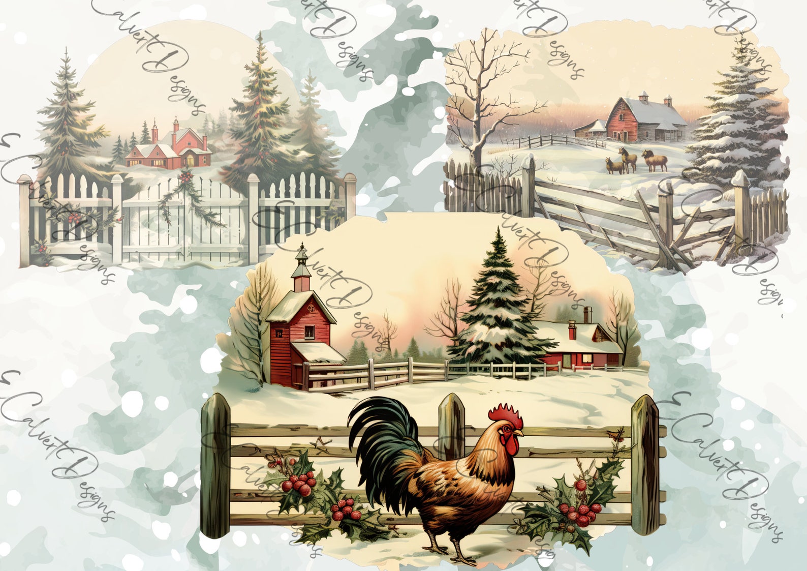 Christmas Farm Barn Snow Chickens, Digital Download for Rice Paper ...