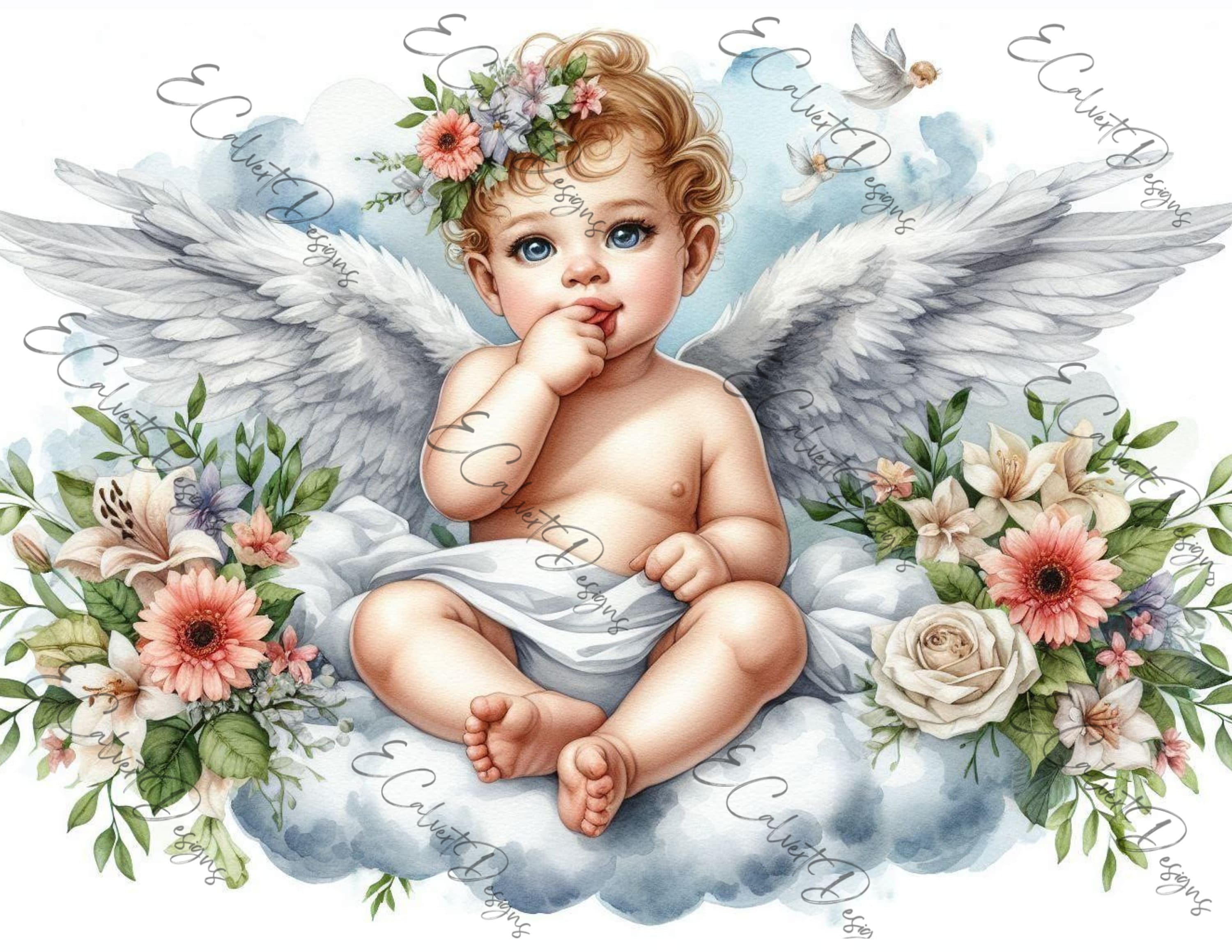 Baby Angel Cherub With Finger in Mouth Clouds Digital Download A4 Rice ...