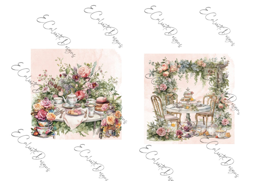 Tea Party Digitals for Rice Paper Decoupage 6in X 6in Watercolor ...