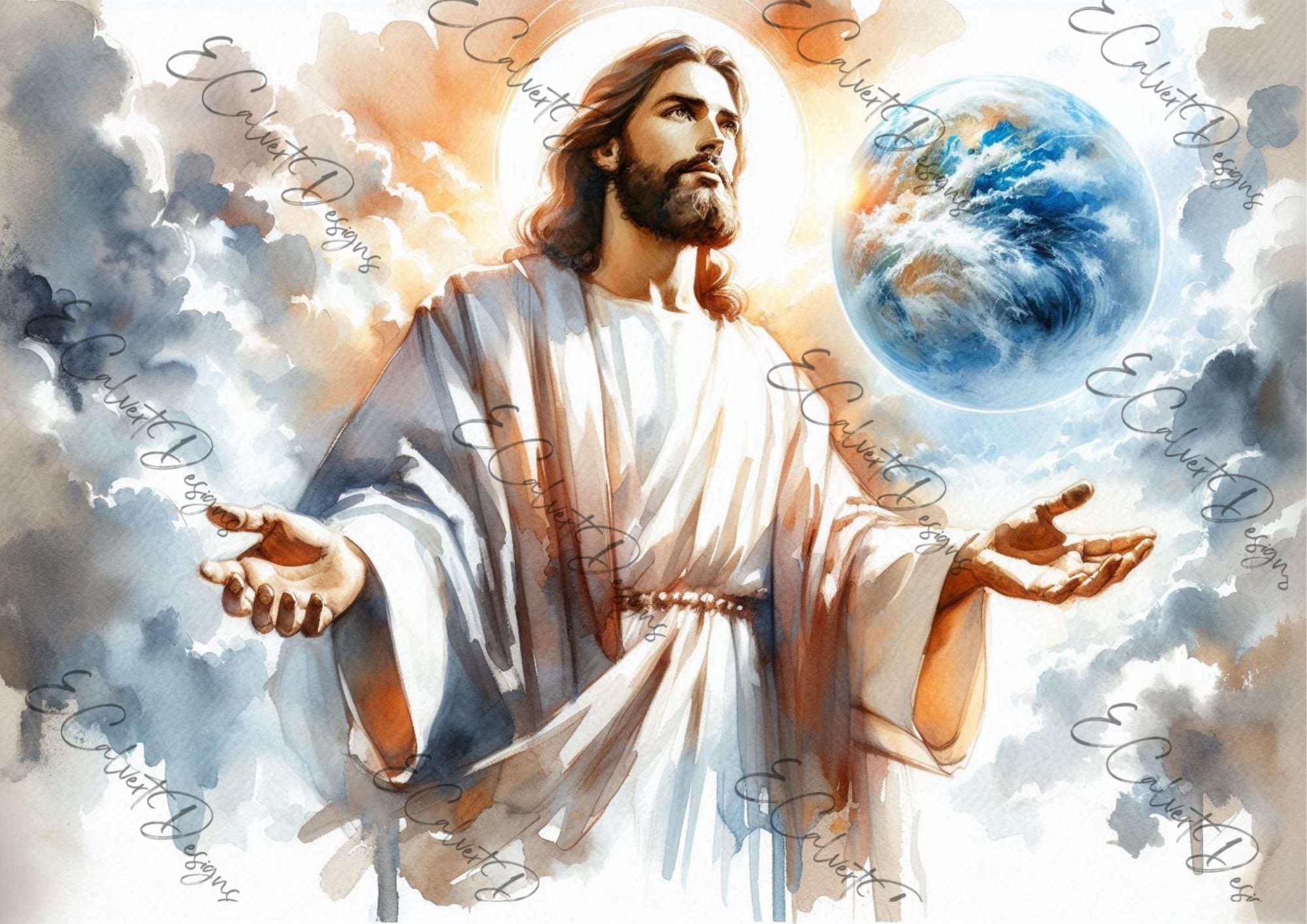 Jesus With His Hands Open Looking Over the World, Clouds in the ...