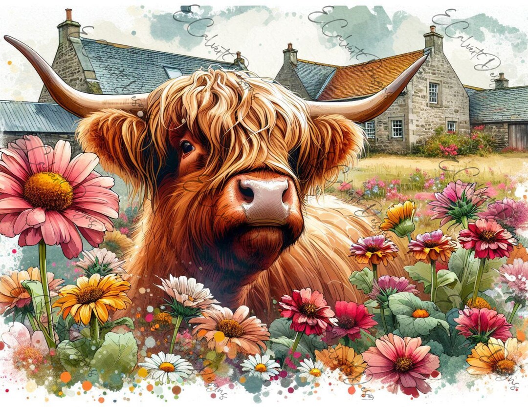 Highland Cow Spring Flowers Barn Farm Digital Download A4 Rice Paper ...