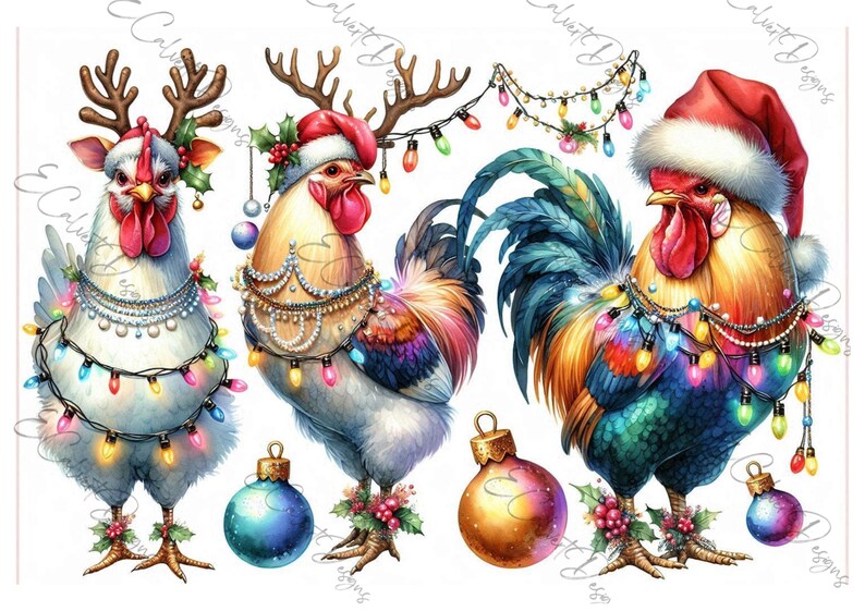 3 Sets Christmas Roosters Fussy Cuts String Lights Santa Hat, Reindeer ...