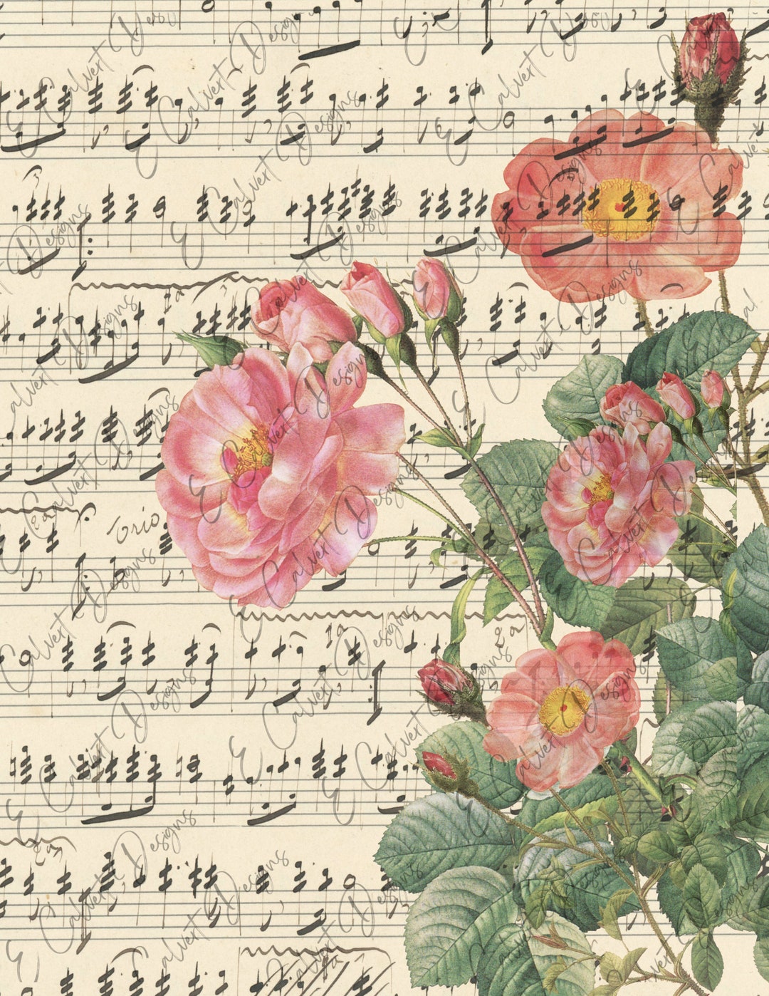 Ephemera Music Notes Pink and Green Floral Digital Download for Rice ...