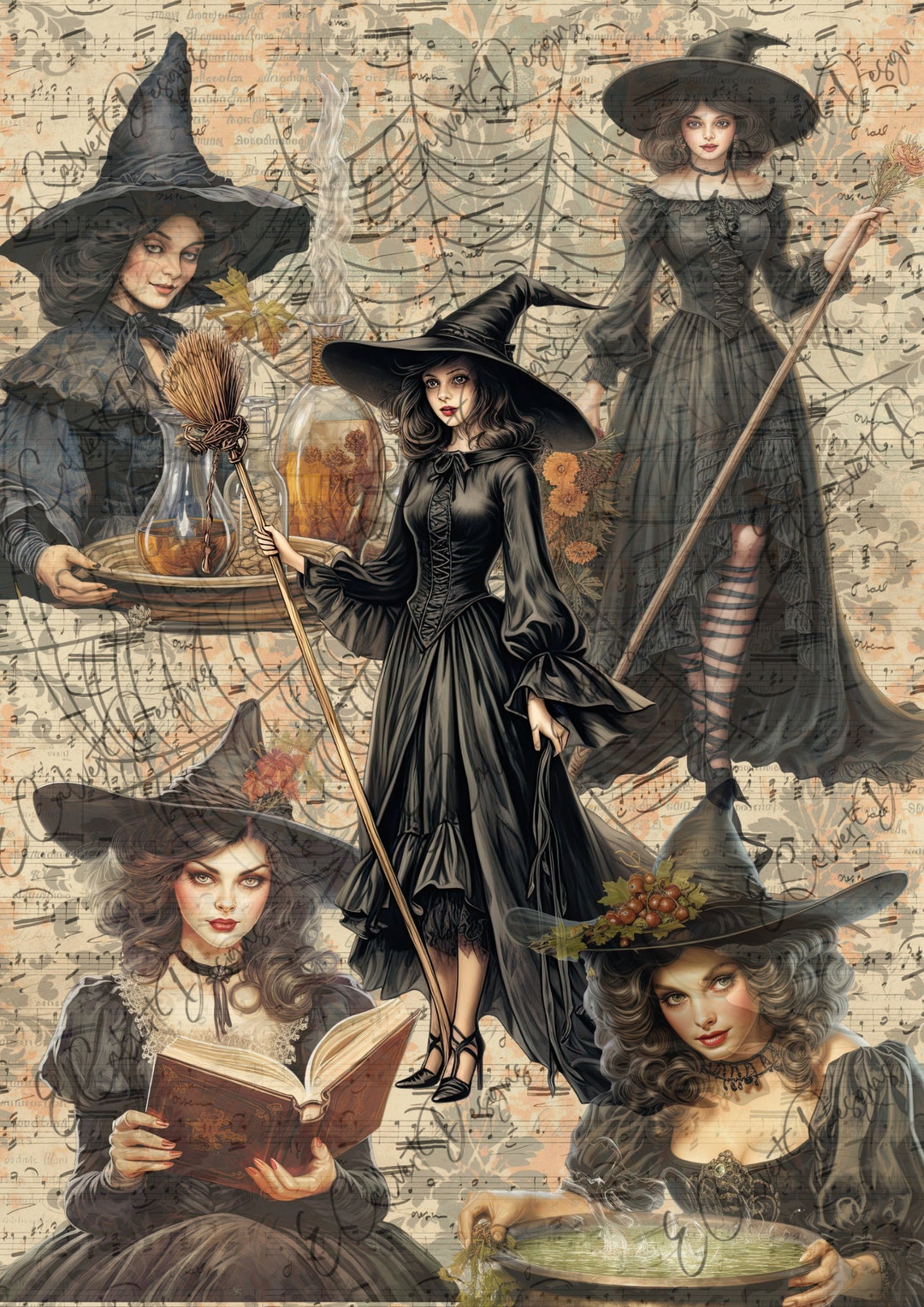 5 Halloween Victorian Witches in Black Digital Download for Rice Paper ...