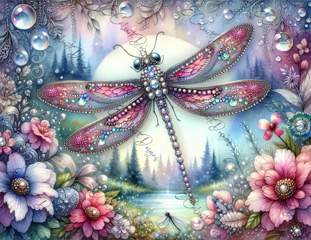 Rhinestone Dragonfly Pearls Bubbles Flowers Florals Digital Download A4 ...