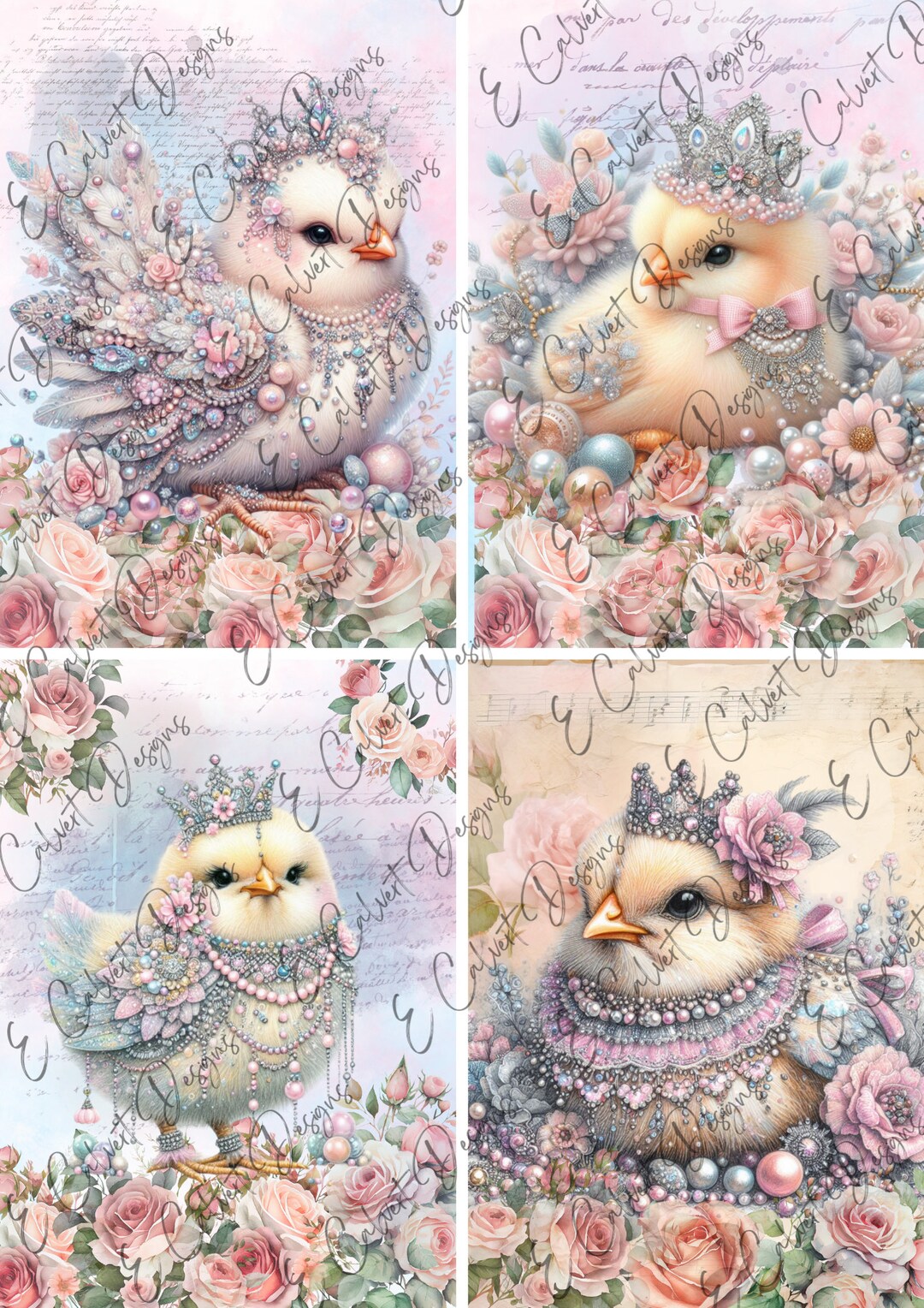Print Only** 4 X 5.5 Easter Chicks With Bling Crown Pink Roses Pearls ...