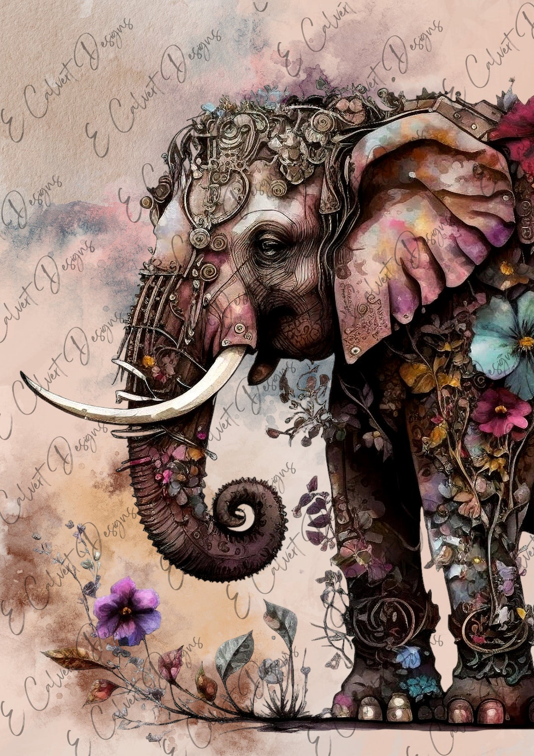 Steampunk Elephant With Flowers Digital for Rice Paper Decoupage ...
