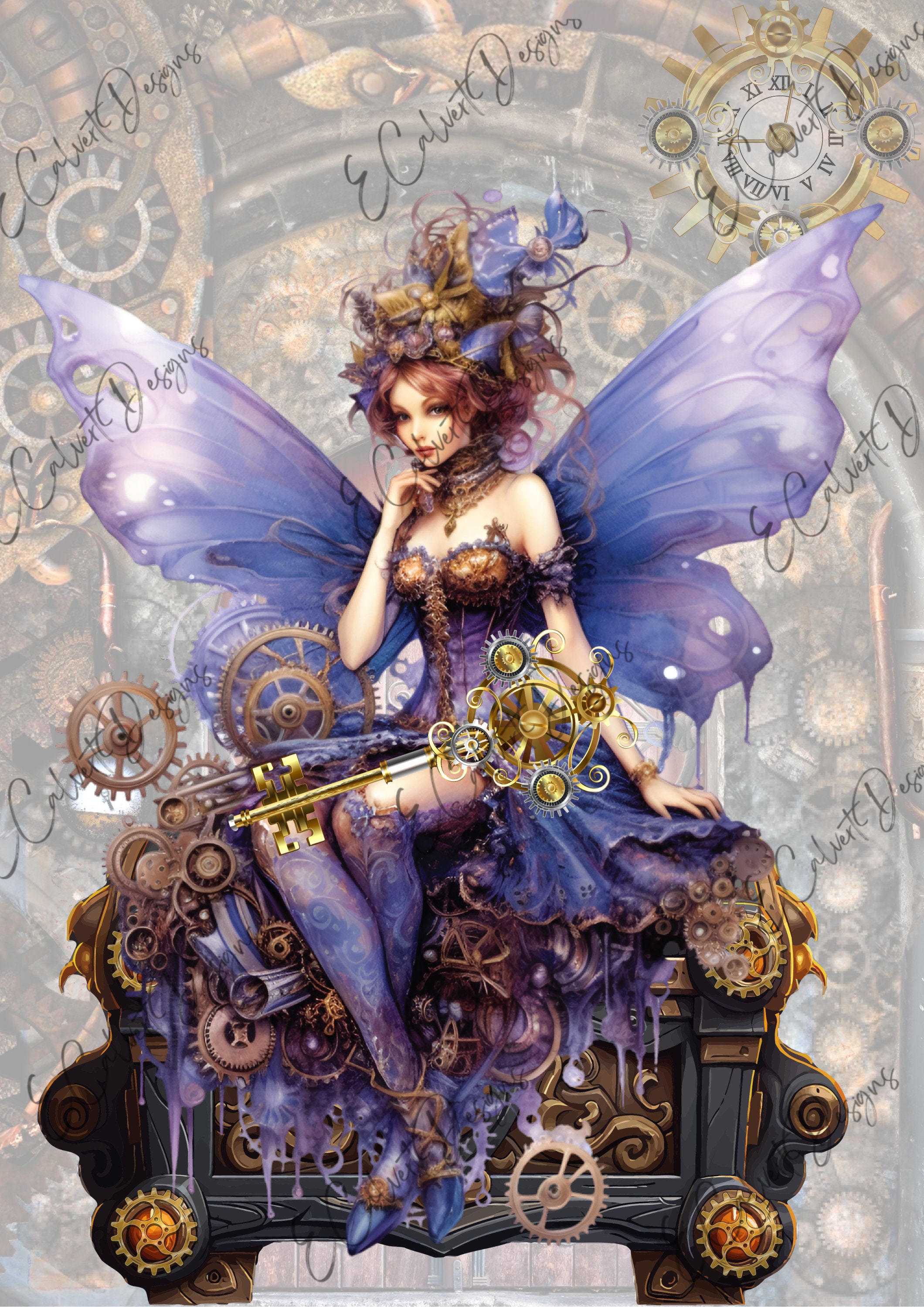 PRINT ONLY** Purple Steampunk Fairy Treasure Chest Key Gears City ...