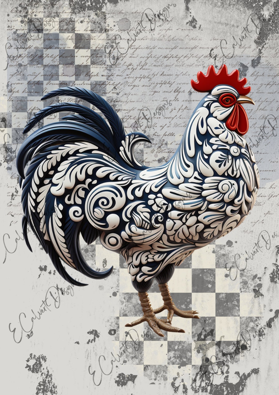 Black, White Blue Red Rooster Checks, Digital Download A4 Rice Paper ...