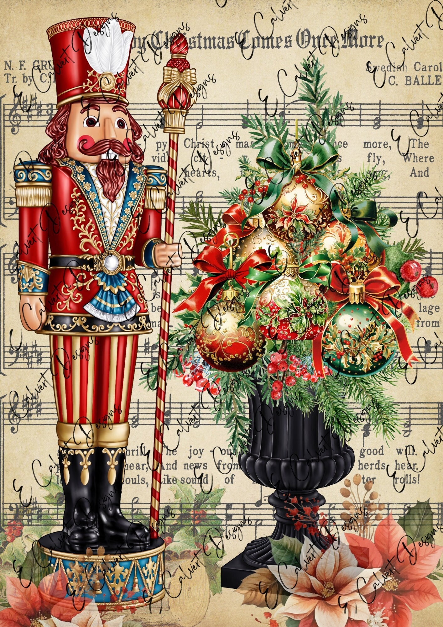 Nutcracker Christmas Music Ornament Topiary Digital for Rice Paper ...