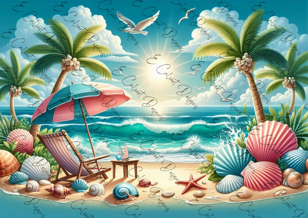 Beach Setting Sun Umbrella Seashells Ocean Sea Seagulls Chair Waves ...