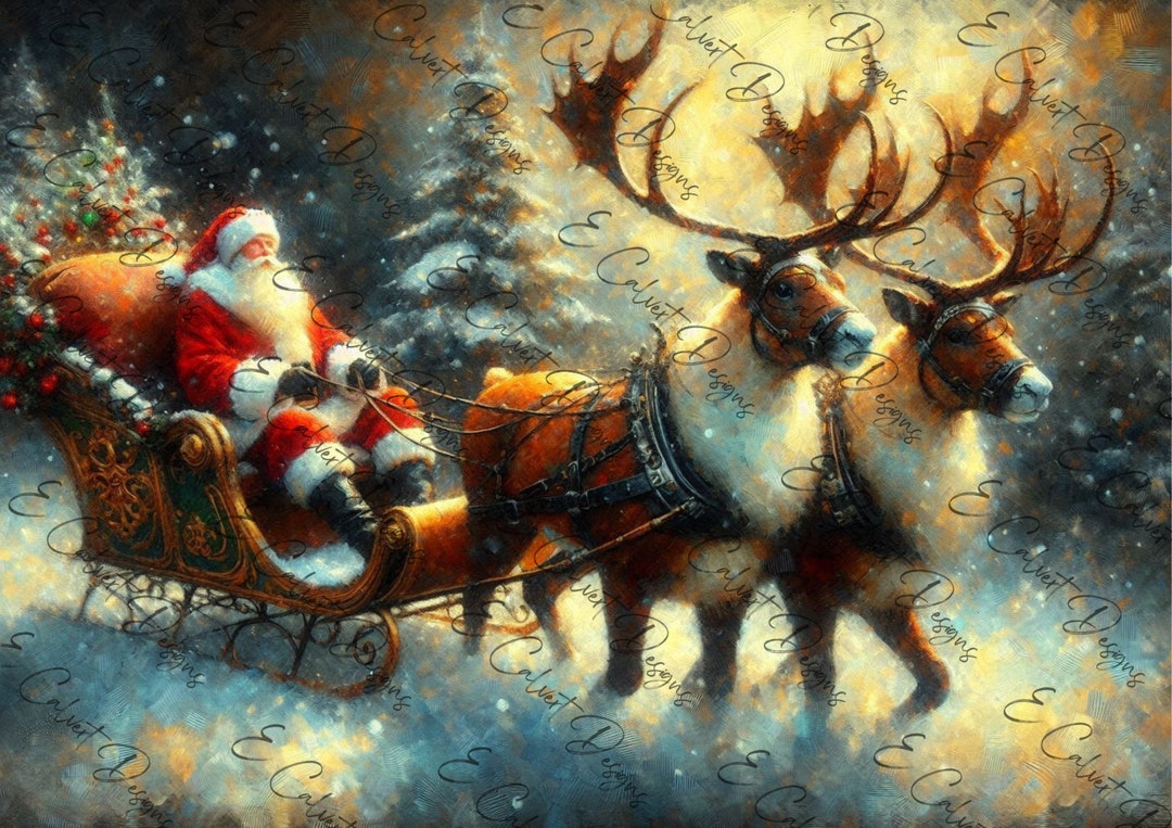 Santa Riding His Sleigh With Reindeers, Christmas Digital Download A4 ...