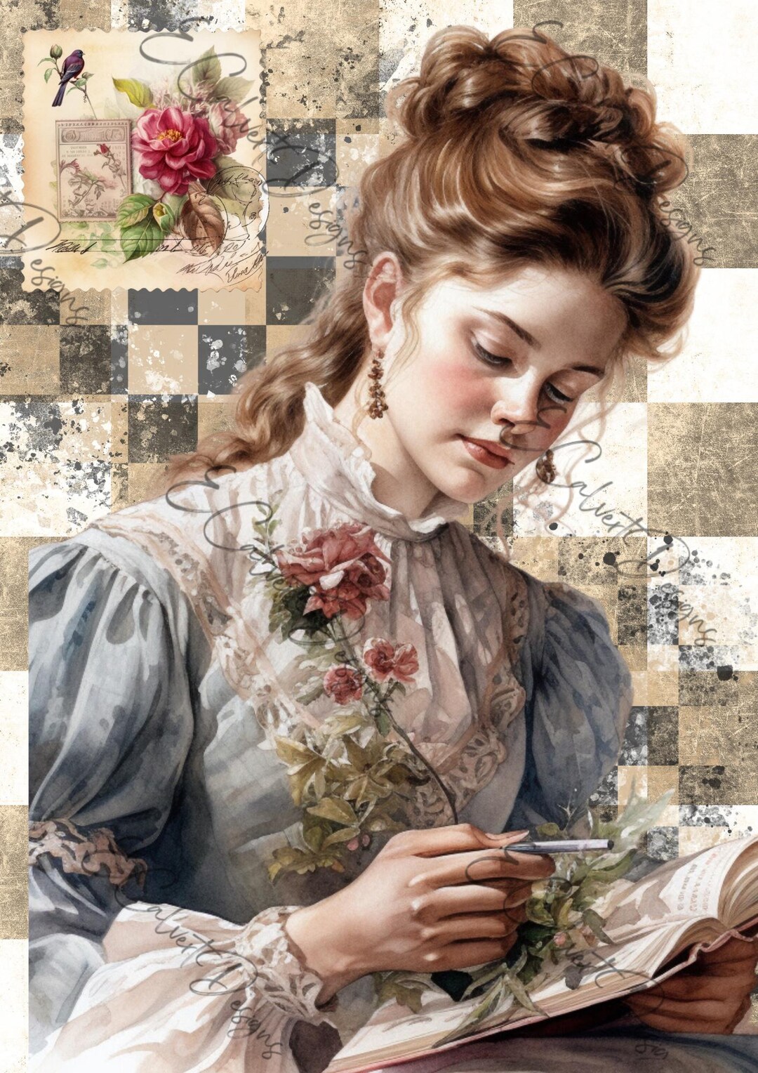 Victorian Lady, Writing, Florals, Black & White Check Background ...
